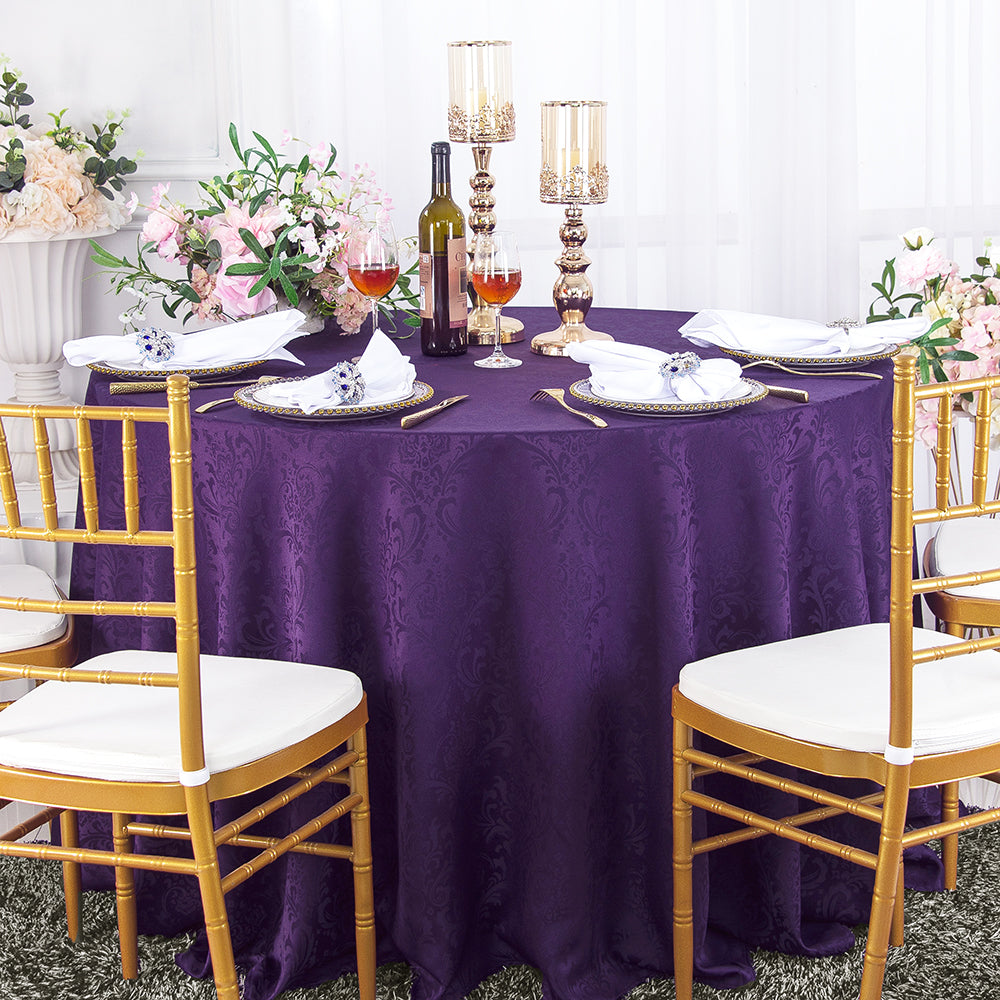120 inch Damask Jacquard Polyester Linens Tablecloths - Eggplant – Wedding Linens Inc.