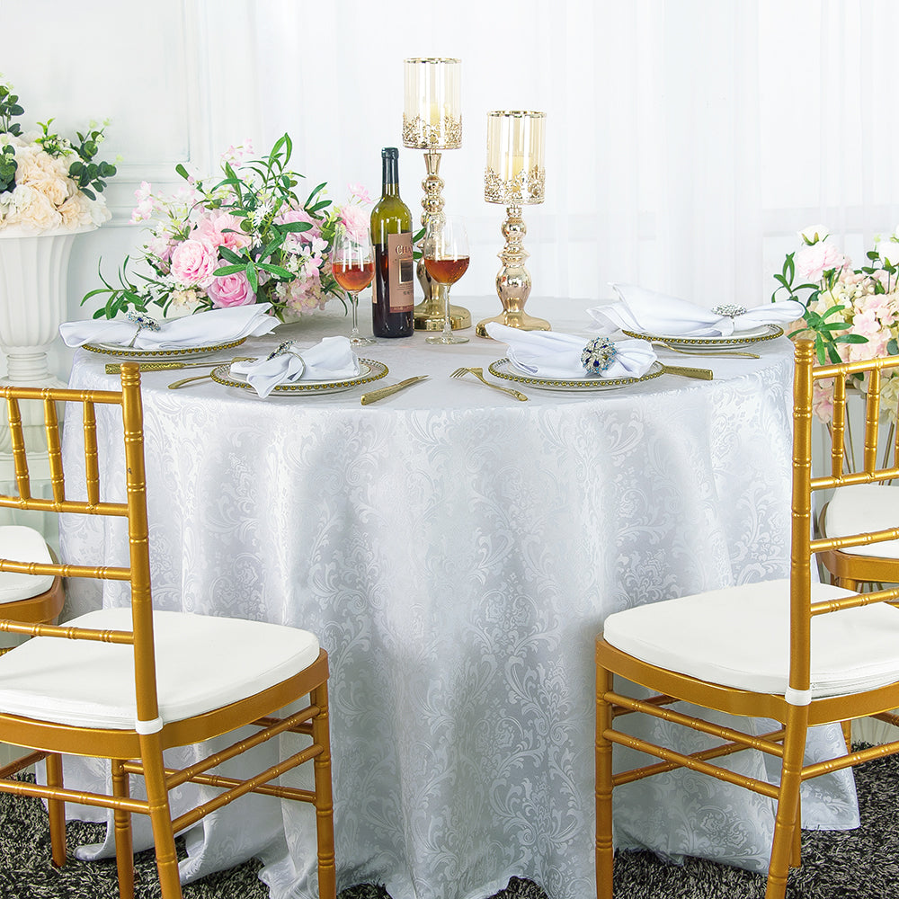120 inch Damask Jacquard Polyester Linens Tablecloths - White – Wedding Linens Inc.