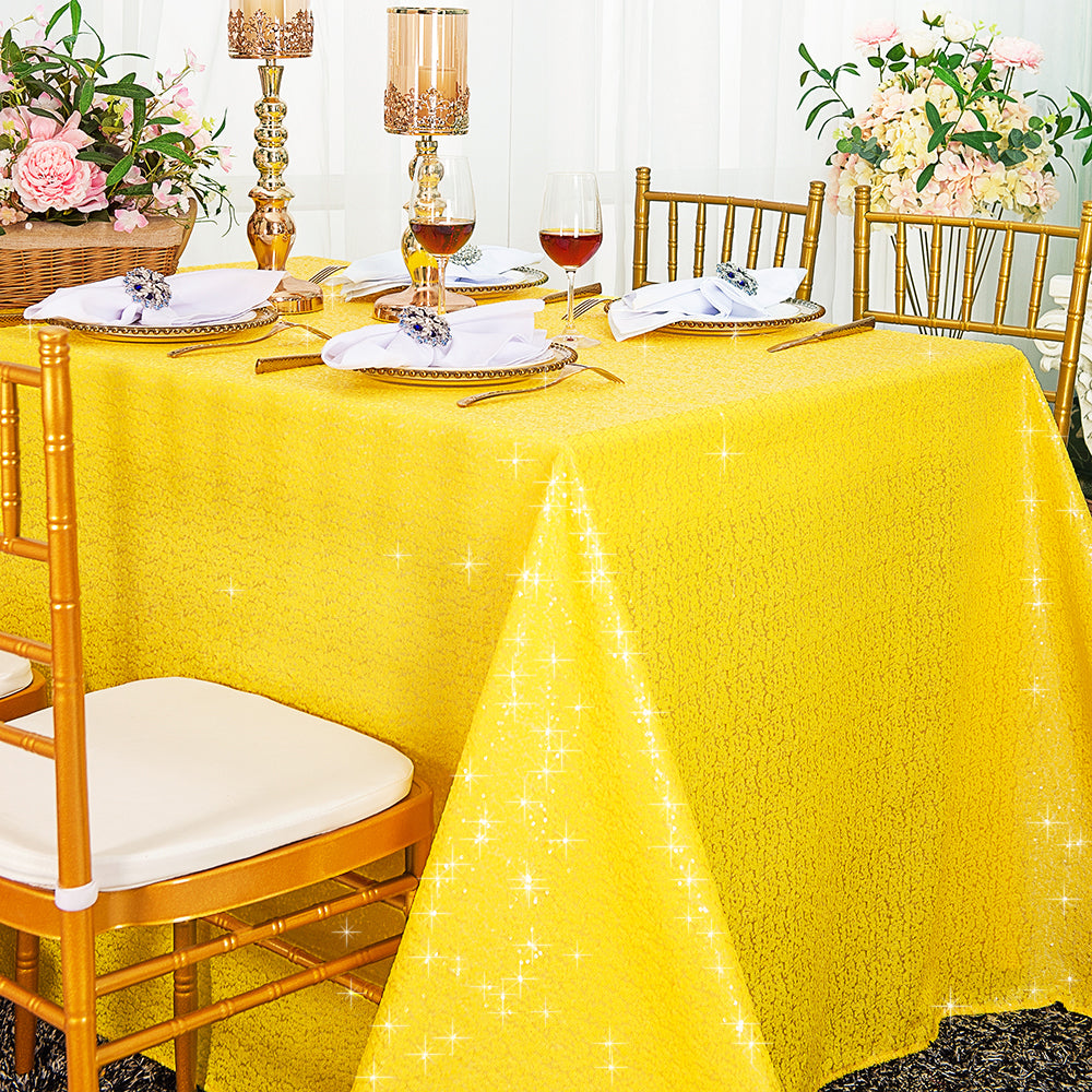 Canary Yellow Sequin Tablecloths 90" x 132" Wholesale – Wedding Linens Inc.