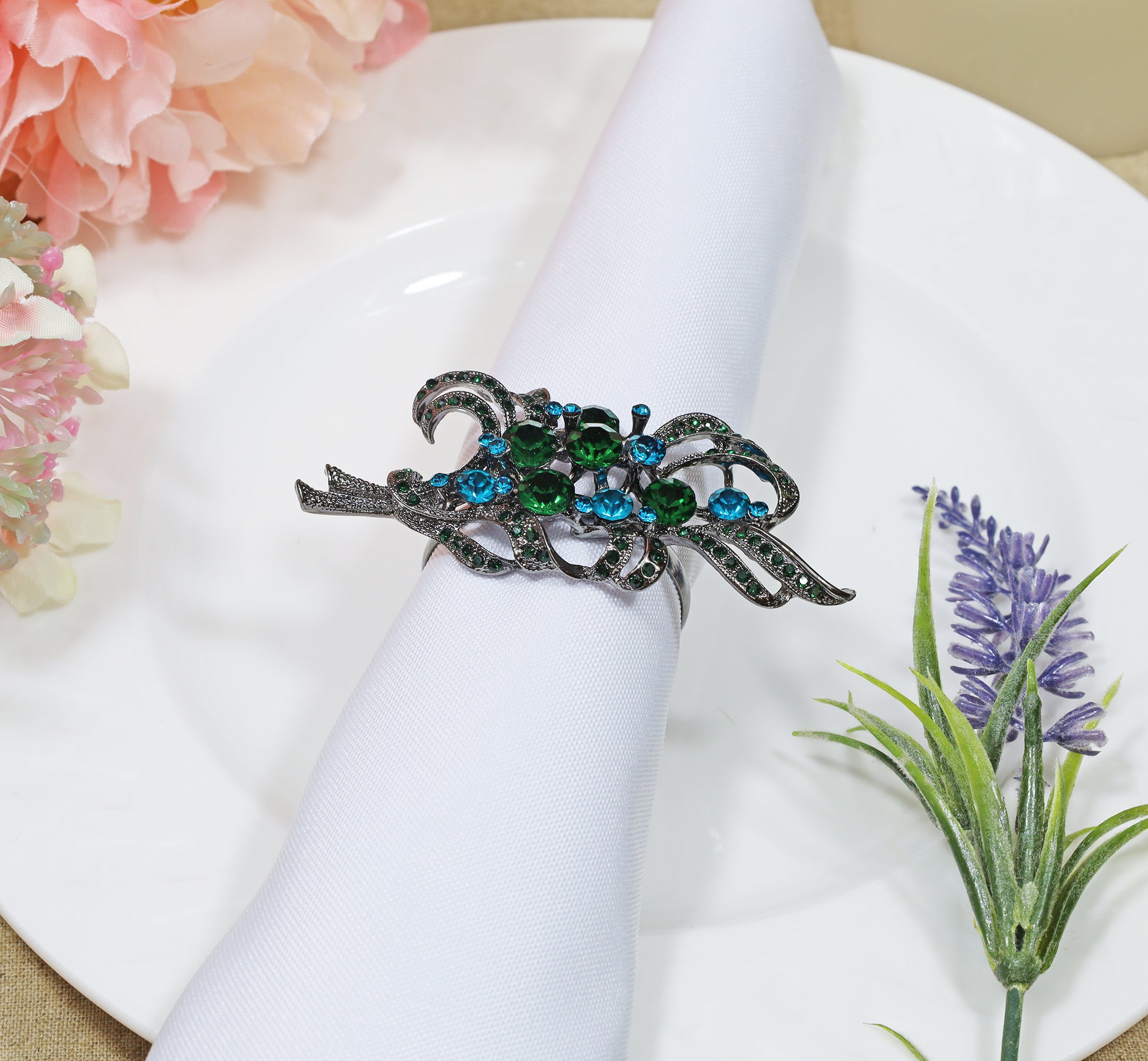 Hunter Green/Blue Bouquet Rhinestone Napkin Ring – Wedding Linens Inc.