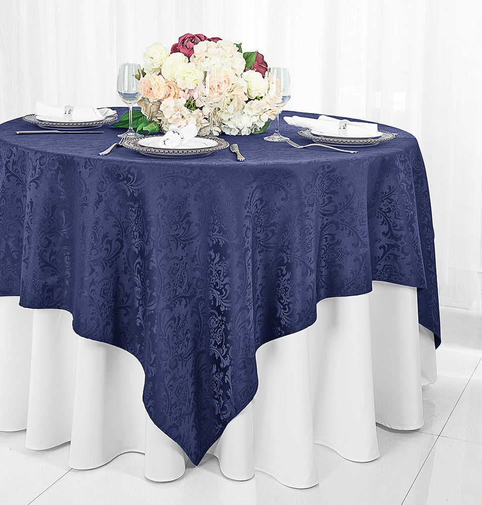Navy Blue Damask Table Overlays, Jacquard Table Toppers – Wedding ...