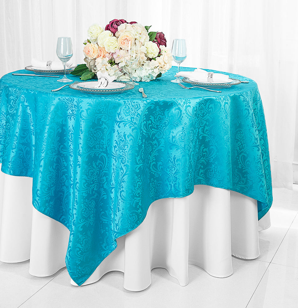 Turquoise Damask Table Overlays, Jacquard Table Toppers – Wedding ...