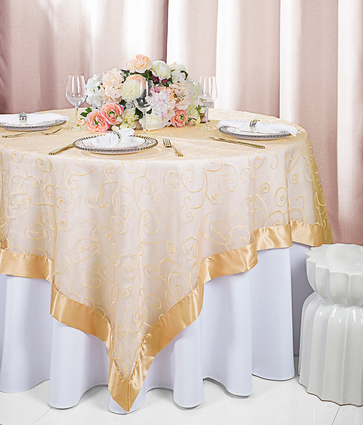 Champagne Embroidered Organza Table Overlays Wholesale – Wedding Linens ...